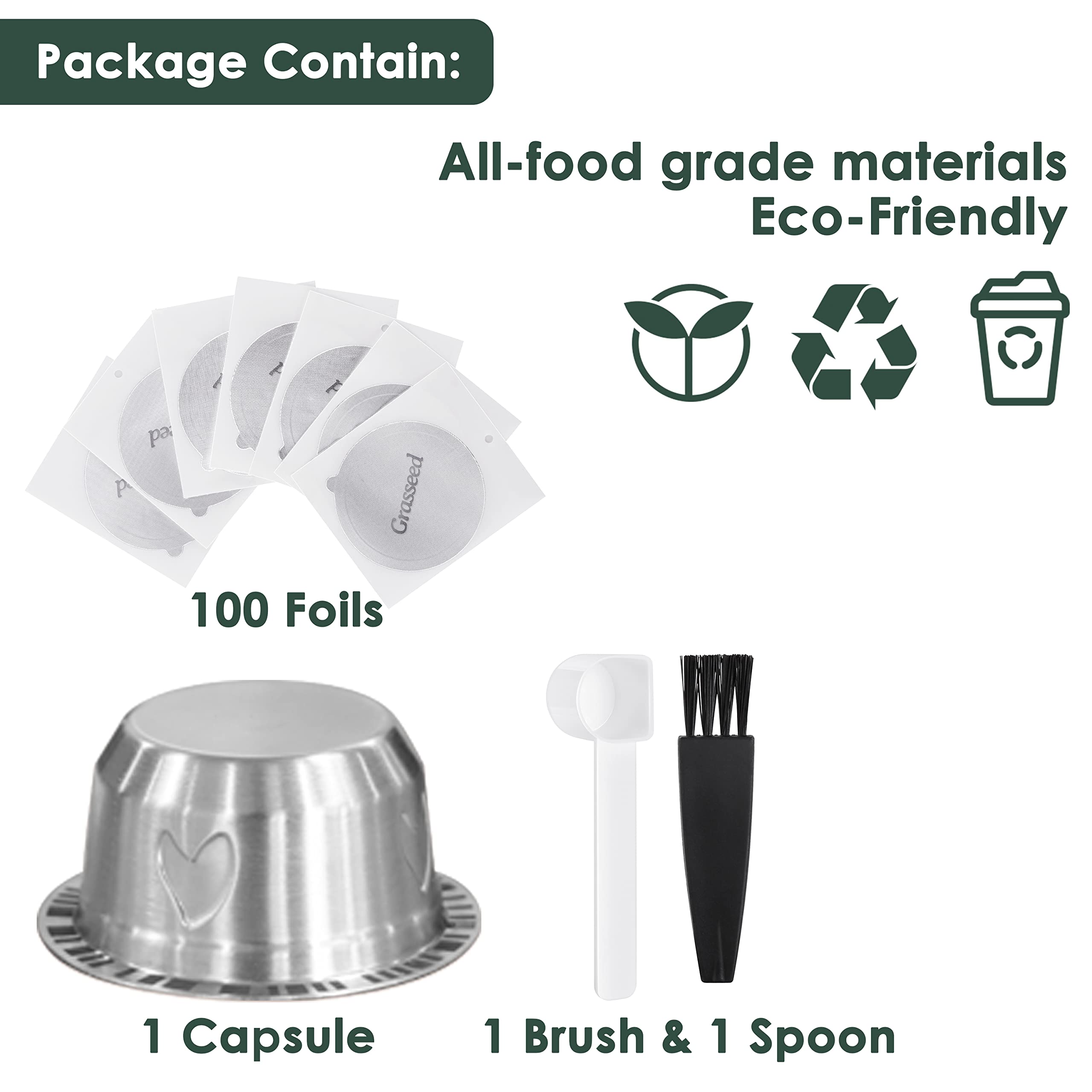 Grasseed Refillable Vertuo Capsule, Reusable Stainless Steel Vertuo Pod Kit with 100 Foil Lids, Spoon, Brush, Brew 7.8oz- Compatible with Vertuoline Machine