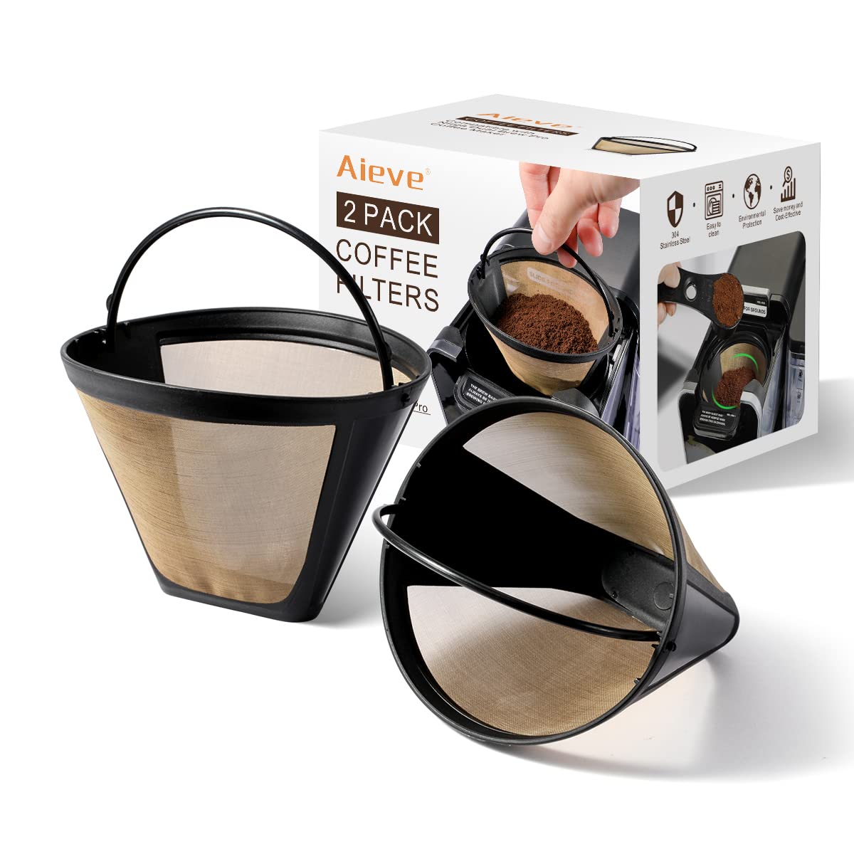 Aieve Reusable Coffee Filter Compatible with Ninja Dual Brew Pro Coffee Maker CFP301 CFP201 CFN601, Coffee Filters #4 Permanent Coffee Cone Basket