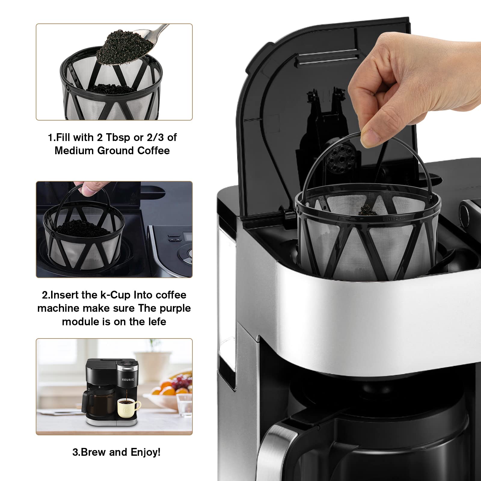 MaxRona Reusable Coffee Filter for Keurig Duo, K-Duo Essentials Coffee Brewers Only, 8-12 CUP-Replacement Permanent Basket Filter For Keurig Duo and K-Duo Essentials Coffee Makers - BPA Free