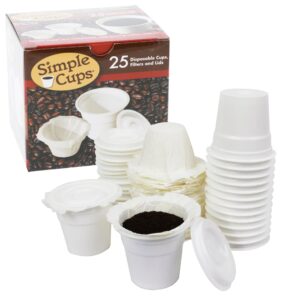 disposable cups for use in keurig® brewers - simple cups - 25 cups, lids, filters with easy close stand - use your own coffee