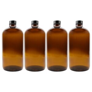 cornucopia 32-ounce amber kombucha growler bottles, 4-pack, 1 quart boston round glass bottles with 6 polycone phenolic lids for home brewing