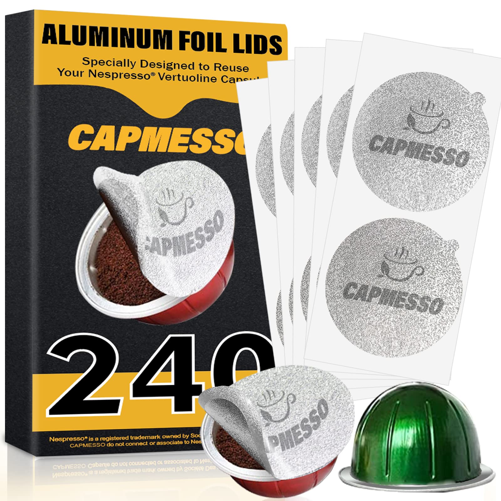 CAPMESSO Aluminum Foil Lids for Reusable Vertuo Pods, Coffee Pods Sticker Covers Seals Compatible with N*espresso Reusable Pods Vertuo Refillable Vertuo Capsule (Vertuo pods lids-240 pcs)