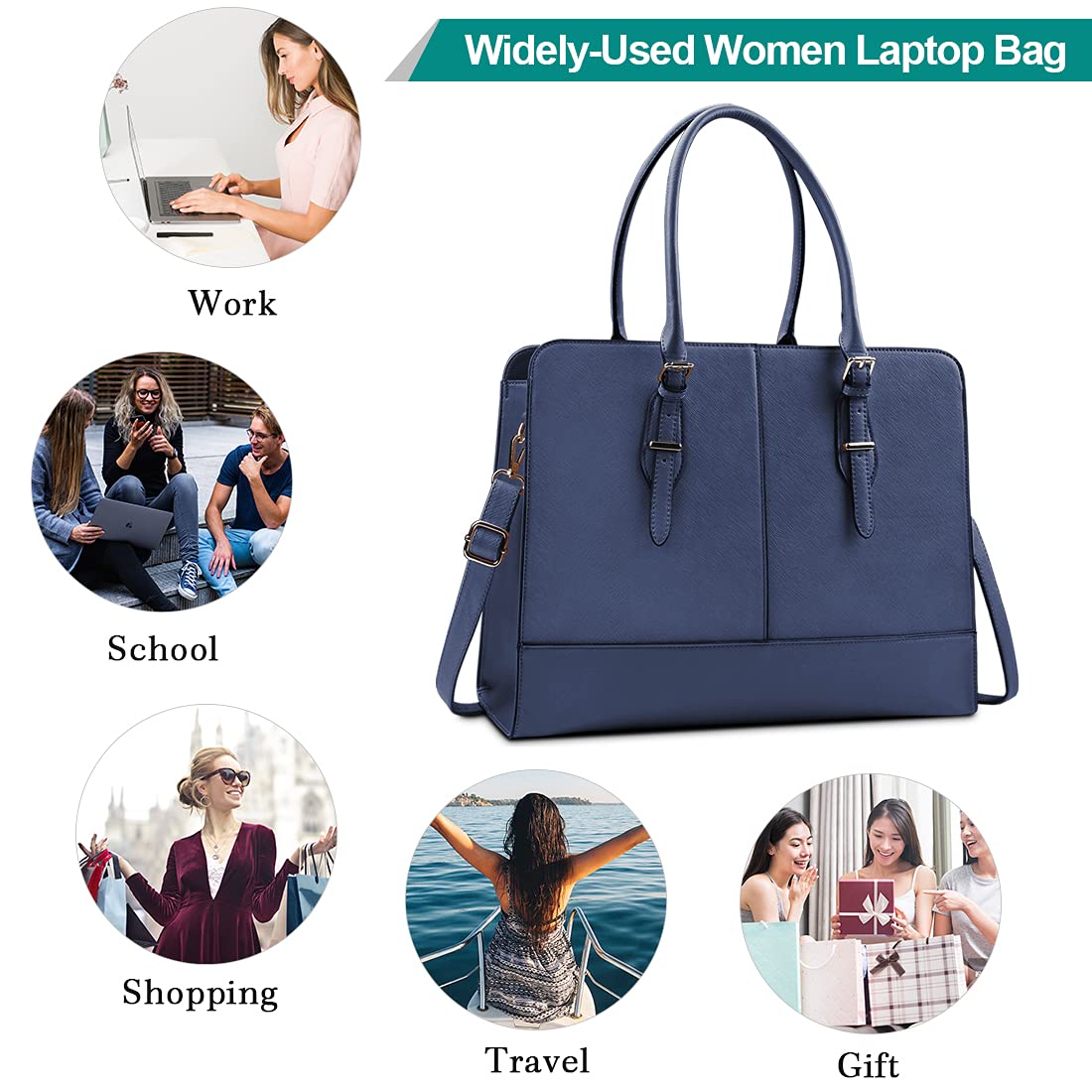 Laptop Bag for Women Leather Work Tote 15.6 Inch Laptop for Computer Bag Waterproof Business Office Professional Large Capacity Handbag Shoulder Bag Blue