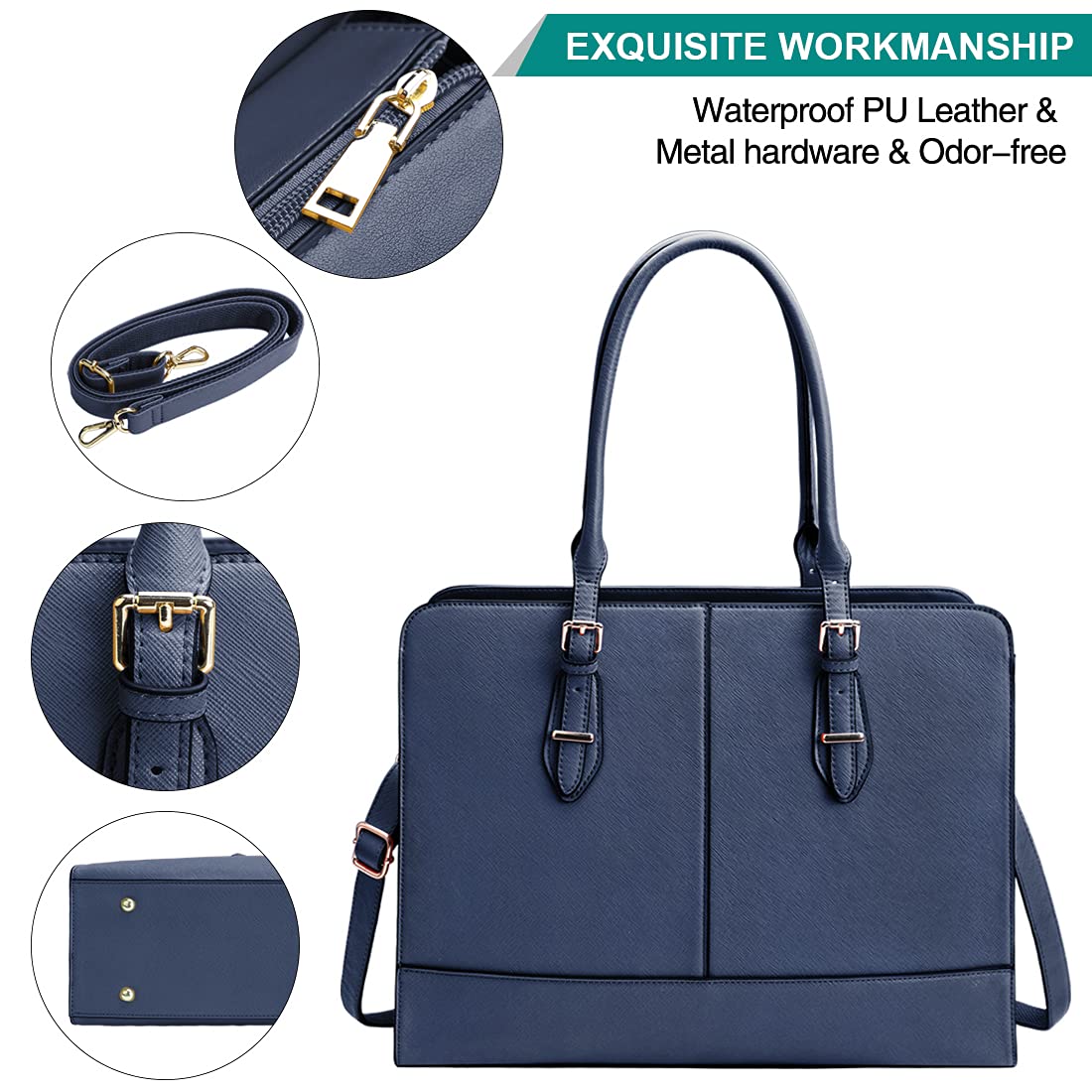 Laptop Bag for Women Leather Work Tote 15.6 Inch Laptop for Computer Bag Waterproof Business Office Professional Large Capacity Handbag Shoulder Bag Blue