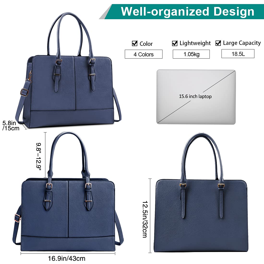 Laptop Bag for Women Leather Work Tote 15.6 Inch Laptop for Computer Bag Waterproof Business Office Professional Large Capacity Handbag Shoulder Bag Blue