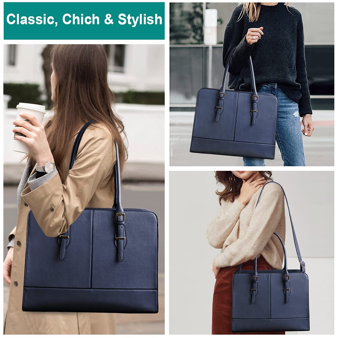 Laptop Bag for Women Leather Work Tote 15.6 Inch Laptop for Computer Bag Waterproof Business Office Professional Large Capacity Handbag Shoulder Bag Blue