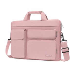 mosiso laptop shoulder bag compatible with macbook air 15 inch m3 m2 2024 2023/pro 16 m3 m2 m1 2024-2019,15-15.6 inch notebook with 2 raised&1 flapover&1 horizontal pocket&handle&belt, pink