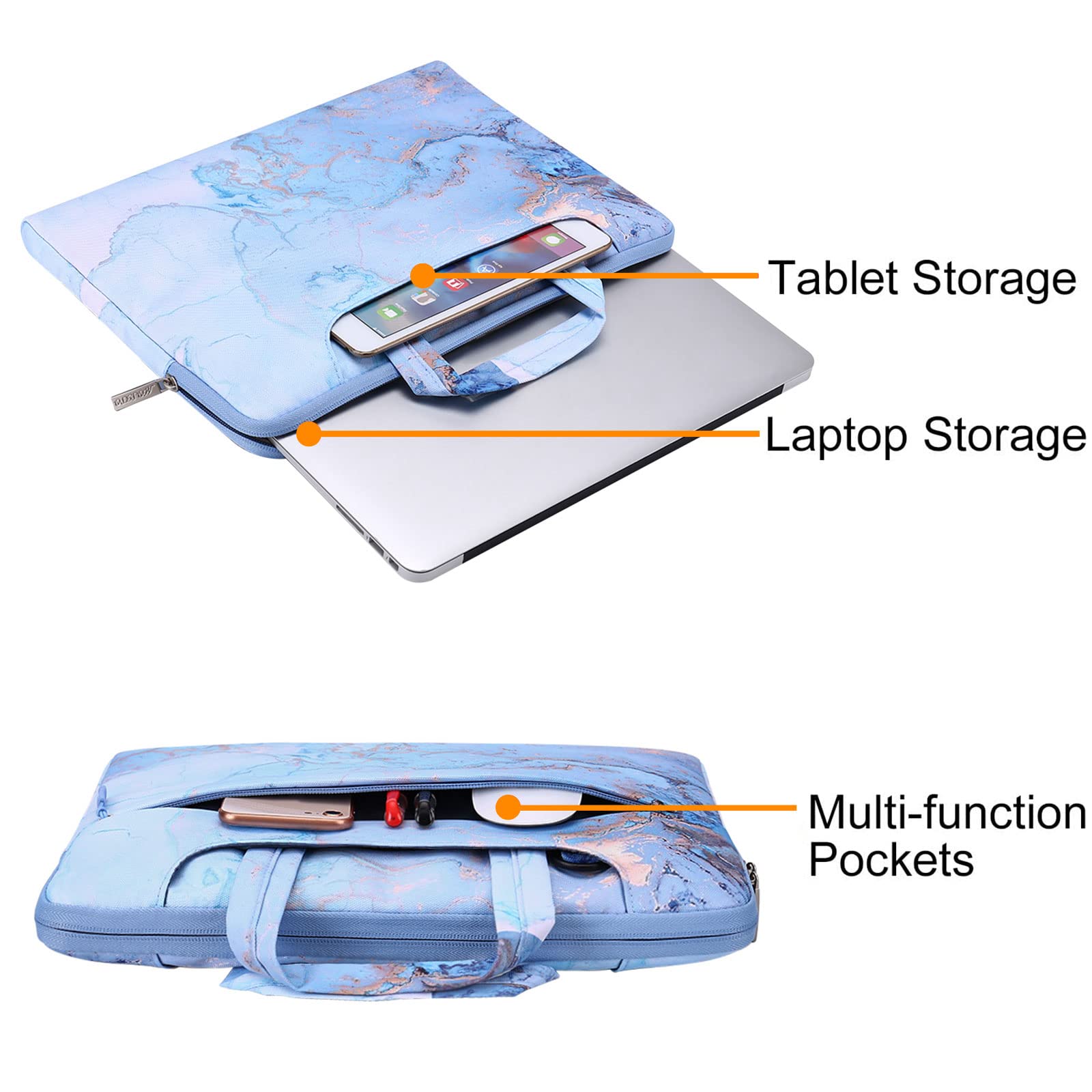 MOSISO Laptop Shoulder Bag Compatible with MacBook Pro 16 inch 2023-2019 M2 A2780 M1 A2485 Pro/Max A2141/Pro 15 A1398,15-15.6 inch Notebook, Polyester Watercolor Marble Carrying Briefcase, Blue