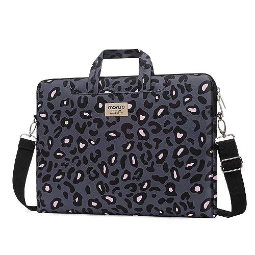 MOSISO Laptop Bag for Women, 15 inch Computer Bag Compatible with MacBook, HP, Dell, Lenovo, Asus, Notebook, 15.6 inch Laptop Messenger Shoulder Bag with Strap, Pink Cheetah Print Black Base