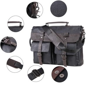 Leather Messenger Bag for Men, 17.3 Inch Vintage PU Leather Laptop Bag Briefcase Satchel, Large Messenger Bag Water Resistant Mens Work Bag (Black)