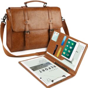 leather mens messenger bag vintage 15.6 inch waterproof leather laptop briefcase large satchel shoulder bag retro office college computer laptop bag with leather padfolio, brown