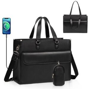 laptop bag for women, laptop tote bag 17 inch, waterproof leather computer tote bag with usb charging port, women briefcase business office work bag, large capacity handbag shoulder bag black