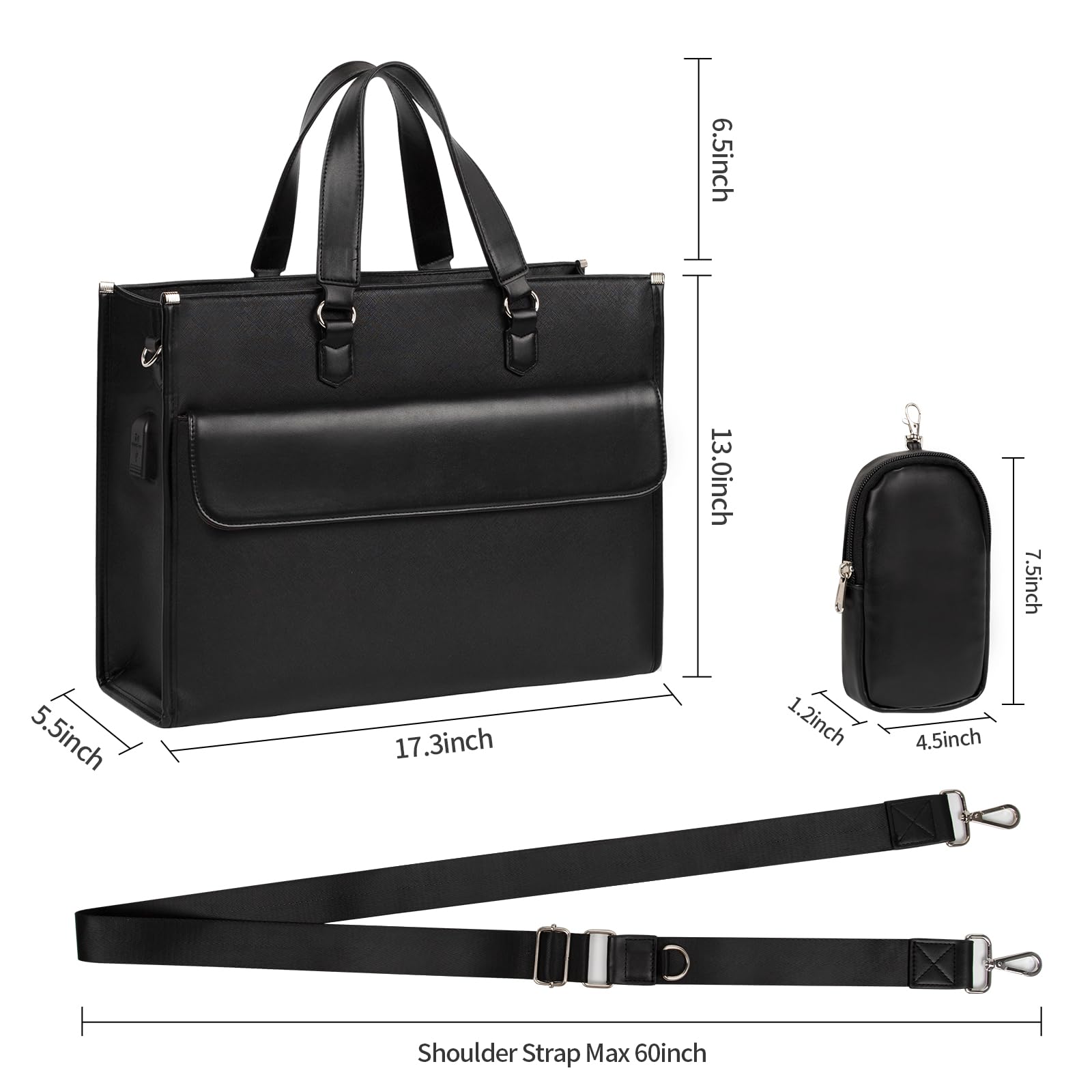 Laptop Bag for Women, Laptop Tote Bag 17 Inch, Waterproof Leather Computer Tote Bag with USB Charging Port, Women Briefcase Business Office Work Bag, Large Capacity Handbag Shoulder Bag Black