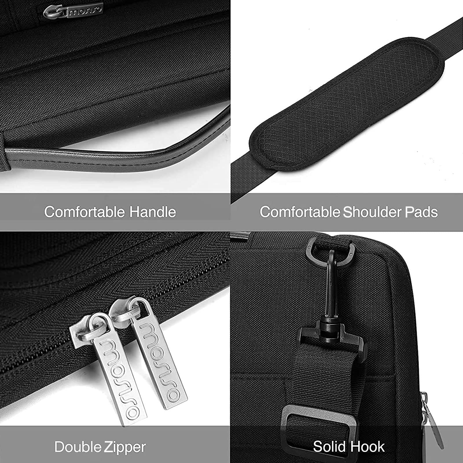 MOSISO 360 Protective Laptop Shoulder Bag Compatible with MacBook Pro 16 inch 2023-2019 M2 A2780 M1 A2485 Pro/Max A2141,15-15.6 inch Notebook,Side Open Sleeve with 3 Front Pockets&PU Handle&Belt,Black