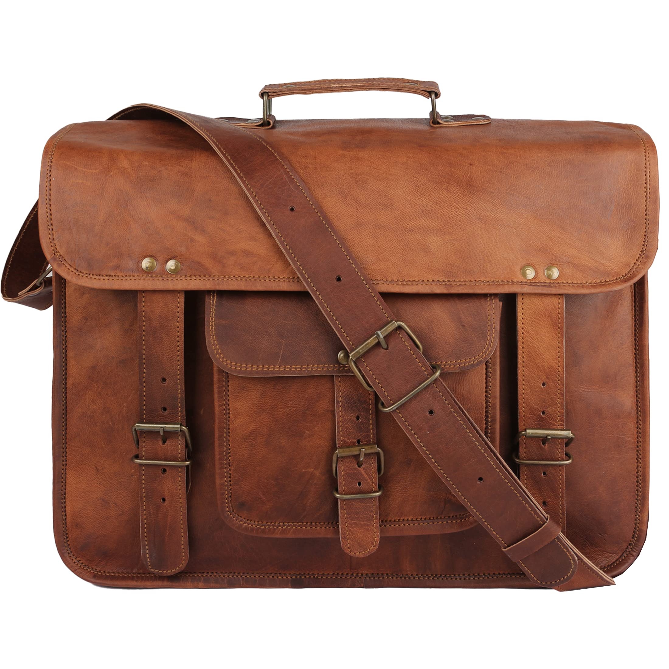 The Vintage Stuff 16" Handmade Leather Travel Messenger Office Crossbody Bag Laptop Briefcase College Satchel Computer Best Bag for Men and women Brown