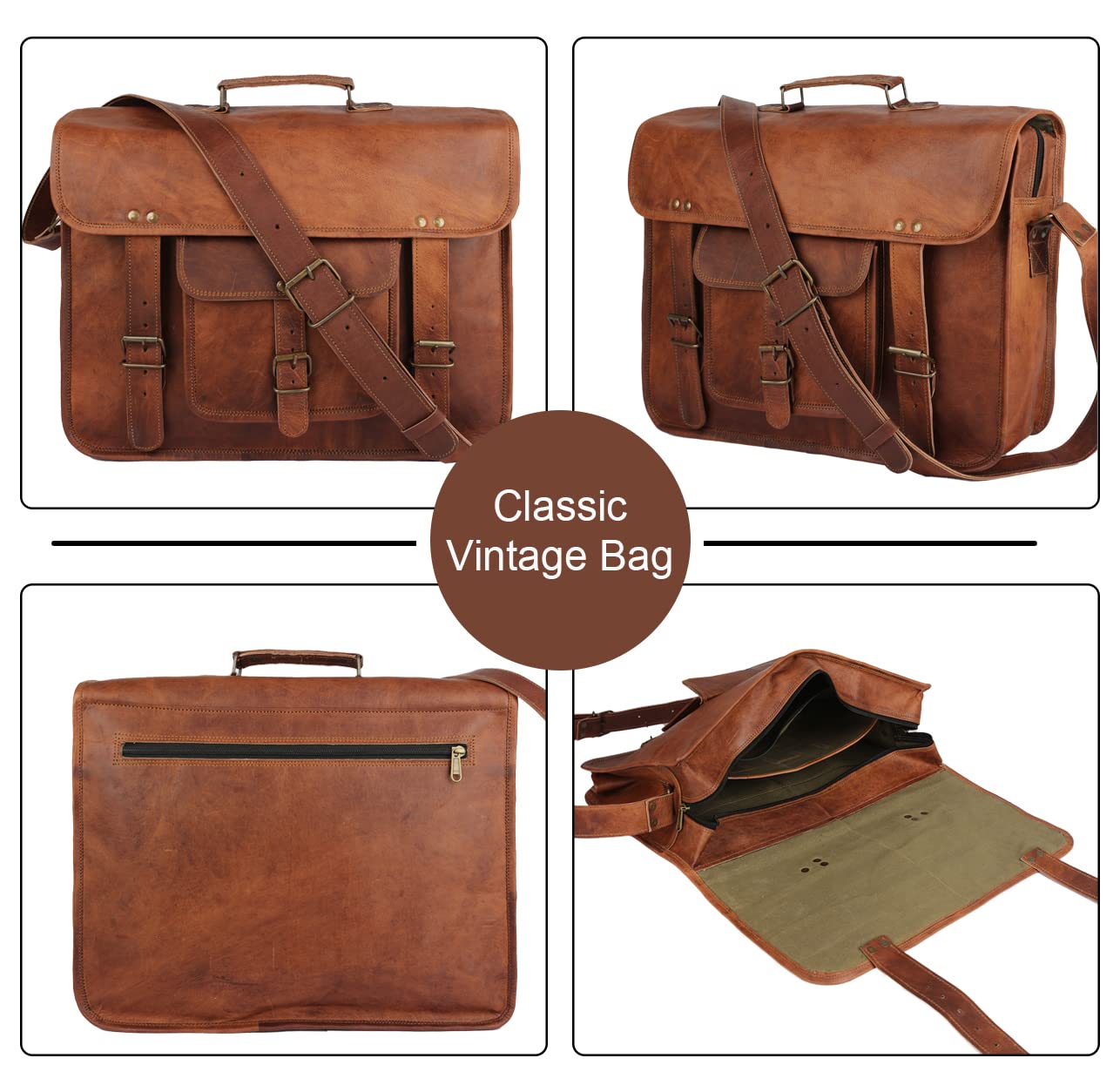 The Vintage Stuff 16" Handmade Leather Travel Messenger Office Crossbody Bag Laptop Briefcase College Satchel Computer Best Bag for Men and women Brown