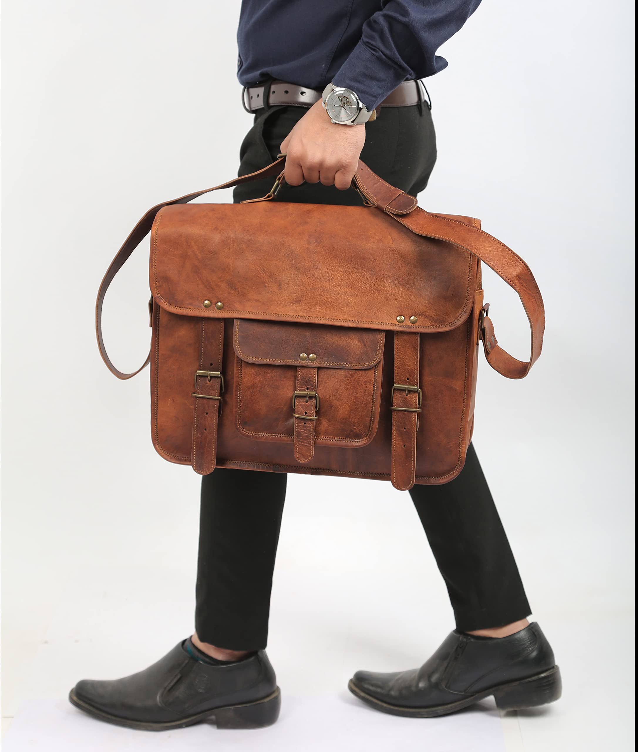 The Vintage Stuff 16" Handmade Leather Travel Messenger Office Crossbody Bag Laptop Briefcase College Satchel Computer Best Bag for Men and women Brown