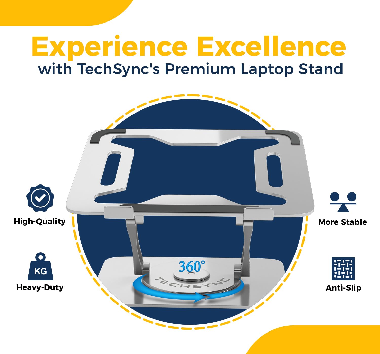 TechSync 360° Rotating Portable Laptop Stand for Desk, Aluminum Ergonomic Laptop Riser Adjustable height for MacBook & laptop up to 16" & Holds weight upto 22 lb, Swivel Laptop Holder Stand - Silver