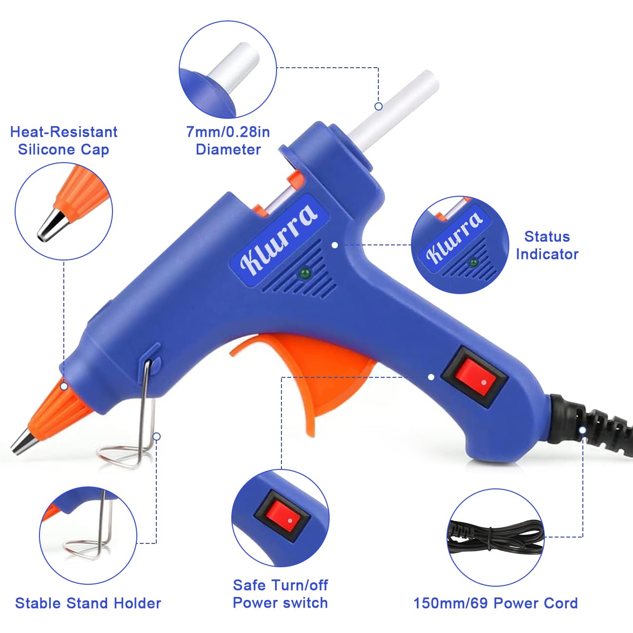 Klurra Glue Gun, Mini Hot Glue Gun Kit with 30 Glue Sticks for School Crafts DIY Arts Quick Home Repairs, 20W (Blue)