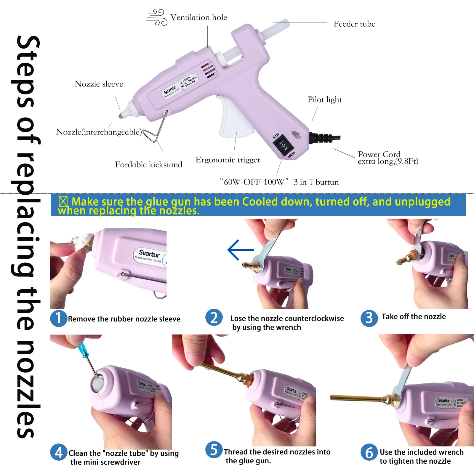 Full Size Hot Glue Gun with 60W/100W/OFF Switch, 9.8ft Extra-long Power Cord Industrial Glue Gun with 2 Nozzles, 15 Glue Stick, Dual Power High Temp Hot Melt Glue Gun Large with Case for Craft, Purple