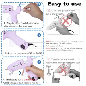 Full Size Hot Glue Gun with 60W/100W/OFF Switch, 9.8ft Extra-long Power Cord Industrial Glue Gun with 2 Nozzles, 15 Glue Stick, Dual Power High Temp Hot Melt Glue Gun Large with Case for Craft, Purple