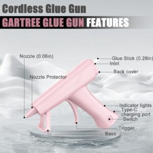 Gartree Hot Glue Gun Kit Cordless & Rechargeable with 30PCS Glue Sticks, Glue Gun and Sticks Set 10 Mins Smart Power-Off Mini Glue Gun for Crafts School DIY Projects Quick Repairs, Pink