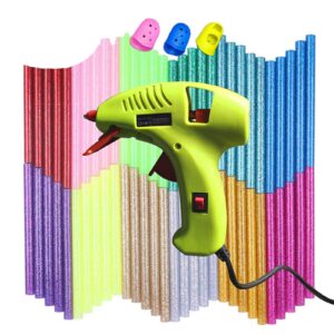 nex&co kids mini hot glue gun with 60 pack colored glue sticks - melting adhesive glue gun kit for small arts craft projects with finger protectors - safety low temp on off switch led indicator green