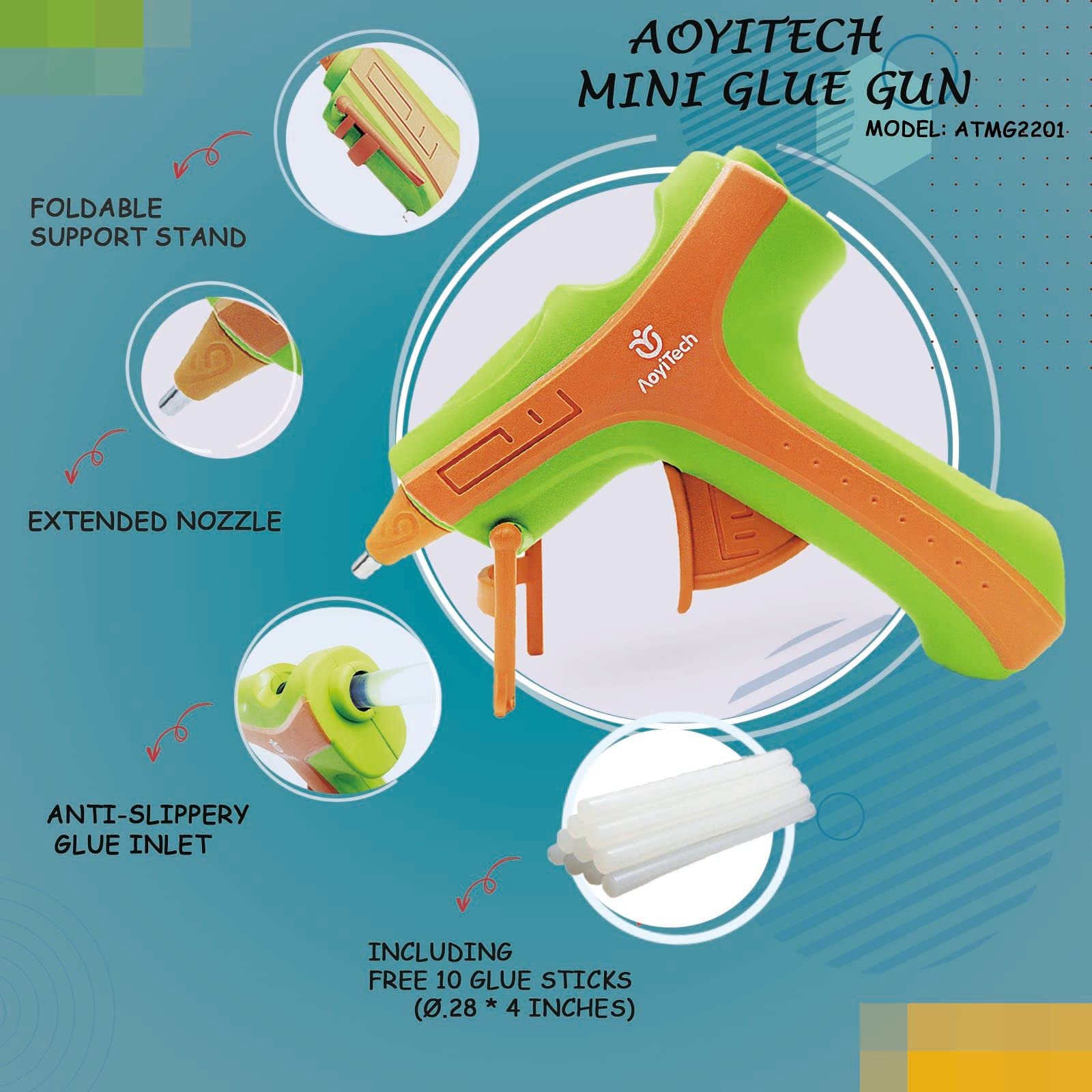 AoyiTech Mini Size Hot Glue Gun with 10 Free Glue Sticks, Fast Preheating Lightweight Glue Gun for Crafts, School Arts, DIY, and Home Repairs, Green and Orange Craft Glue Gun