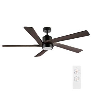 wingbo 64 inch dc ceiling fan with lights and remote control, 5 reversible carved wood blades, 6-speed noiseless dc motor, modern ceiling fan in matte black finish with walnut blades, etl listed