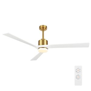 wingbo 64" dc ceiling fan with lights, 3 reversible solid wood blades, 6-speed noiseless dc motor, brass finish ceiling fan with remote, white