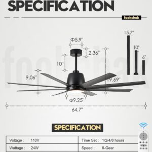 FookChak 65in Black Large Ceiling Fan with Lights 8-Blade Remote Control Outdoor Fan Light for Patio Large LED Ceiling Fan Light for Garage Gym Room Living Room