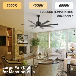 FookChak 65in Black Large Ceiling Fan with Lights 8-Blade Remote Control Outdoor Fan Light for Patio Large LED Ceiling Fan Light for Garage Gym Room Living Room