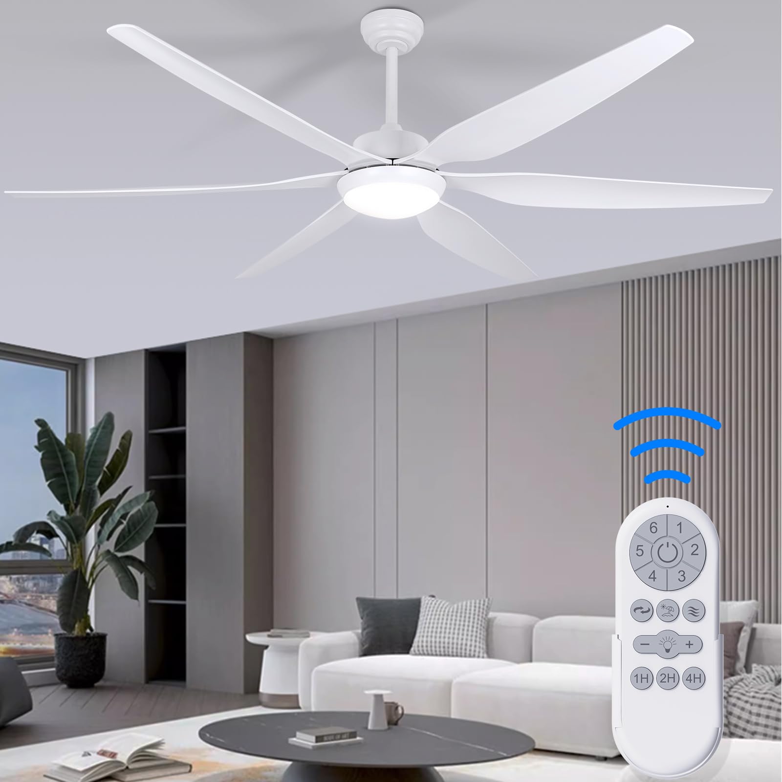 Wozzio 65 Inch Ceiling Fan with Lights and Remote,6 Blades,Reversible,6 Speed Noiseless DC Motor,Large Ceiling Fan White for Indoor Outdoor Bedroom/Patios/Farmhouse