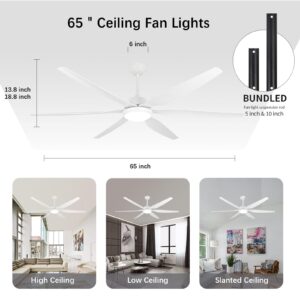 Wozzio 65 Inch Ceiling Fan with Lights and Remote,6 Blades,Reversible,6 Speed Noiseless DC Motor,Large Ceiling Fan White for Indoor Outdoor Bedroom/Patios/Farmhouse