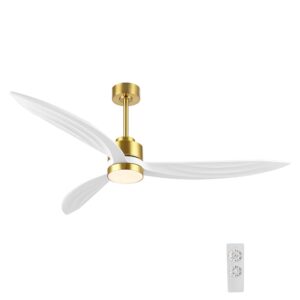 elehinser 64" wood ceiling fan with lights and remote control, 3 blades 6-speed dimmable light reversible dc motor ceiling fan for kitchen bedroom dining living room, white wood blades with gold