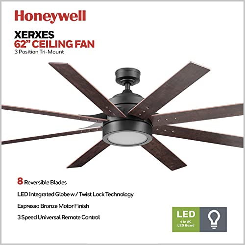 Honeywell Ceiling Fans Xerxes, 62 Inch Contemporary LED Ceiling Fan with Light and Remote Control, 8 Blades with Dual Finish, Reversible Motor - 51628-01 (Bronze)