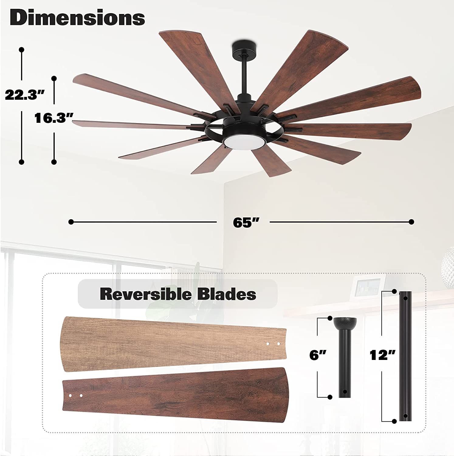 hykolity Ceiling Fan with Light and Remote 65 inch Farmhouse Large Ceiling Fan, Reversible Motor and Blades, 5CCT Selectable, for Living Room Basement Sunroom Porch Patio, 6-Speed Remote Control