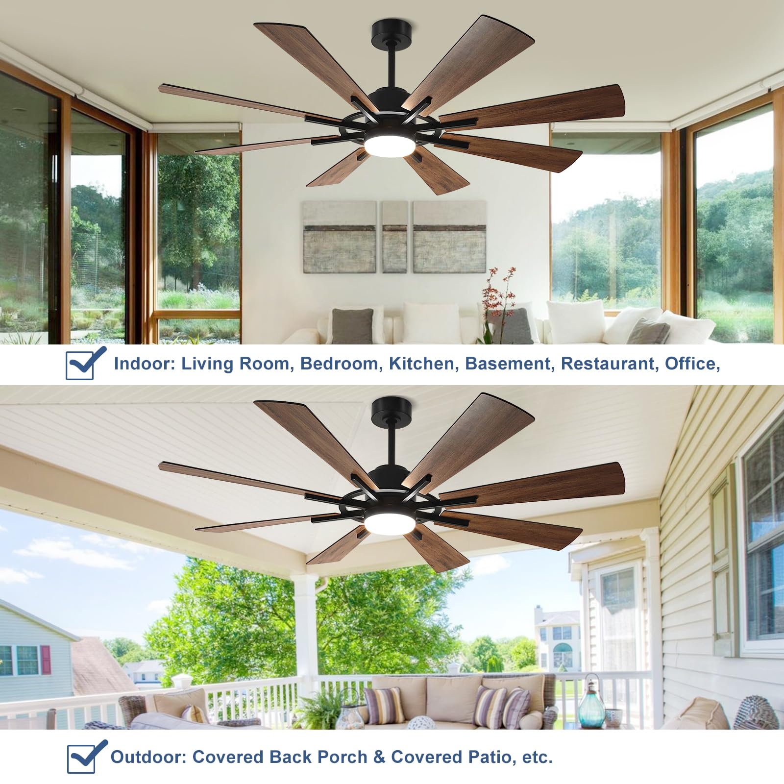 Depuley 60" Ceiling Fan with Lights and Remote Control, Farmhouse Large Ceiling Fan, Reversible Motor and 8 Blades, 3CCT Selectable for Living Room Basement Porch Patio, 5-Speed Remote Control, Timer