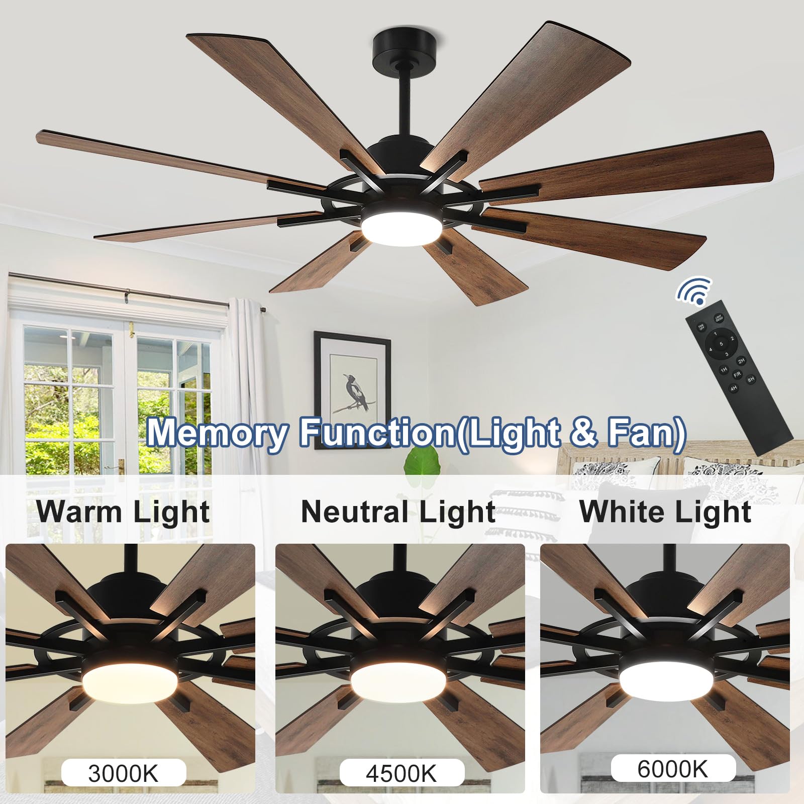 Depuley 60" Ceiling Fan with Lights and Remote Control, Farmhouse Large Ceiling Fan, Reversible Motor and 8 Blades, 3CCT Selectable for Living Room Basement Porch Patio, 5-Speed Remote Control, Timer