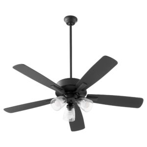 quorum 4525-2359 | 52 inch five blade led three light ceiling fan | 3 speed reversible motor | matte black finish with weathered gray blades | reversible blades (matte black) | clear seedy shade