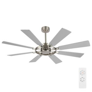 elehinser 60 inch ceiling fan without lights, wood 8 blades 6-speed noiseless reversible dc motor, modern large remote control ceiling fan for bedroom dining living room, nickel finish+silver