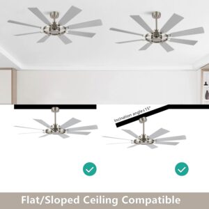 ELEHINSER 60 Inch Ceiling Fan without Lights, Wood 8 Blades 6-Speed Noiseless Reversible DC Motor, Modern Large Remote Control Ceiling Fan for Bedroom Dining Living Room, Nickel Finish+Silver