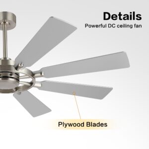 ELEHINSER 60 Inch Ceiling Fan without Lights, Wood 8 Blades 6-Speed Noiseless Reversible DC Motor, Modern Large Remote Control Ceiling Fan for Bedroom Dining Living Room, Nickel Finish+Silver