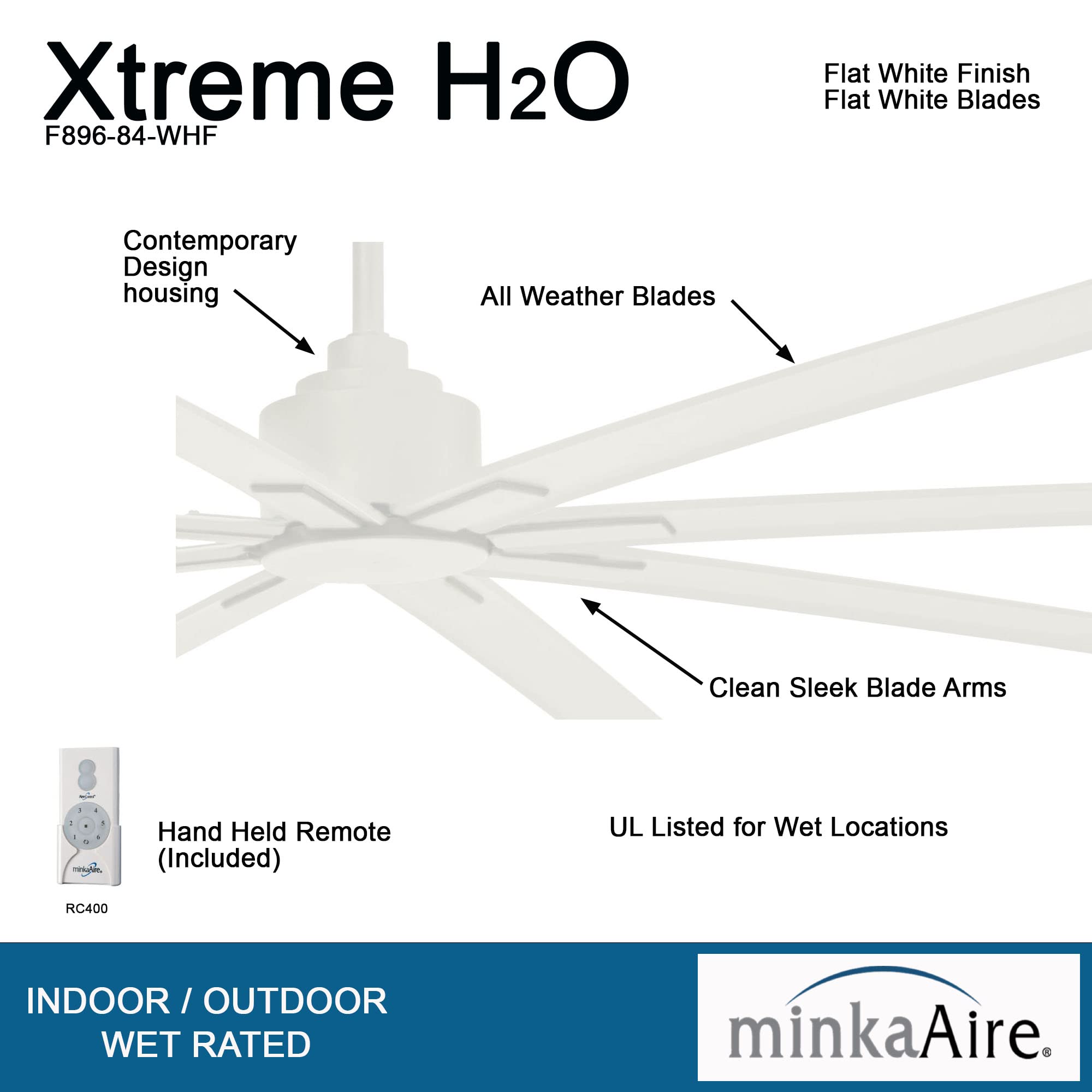 MINKA-AIRE F896-84-WHF Xtreme H2O 84 Inch Outdoor Ceiling Fan with DC Motor in Flat White Finish