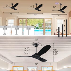 70 Inch Rustic Outdoor Ceiling Fans for Patios Waterproof, Black No Lights Damp Rated 3 Blade Large Airflow Indoor Outdoor Large Ceiling Fan for Exterior House Porch Gazebo