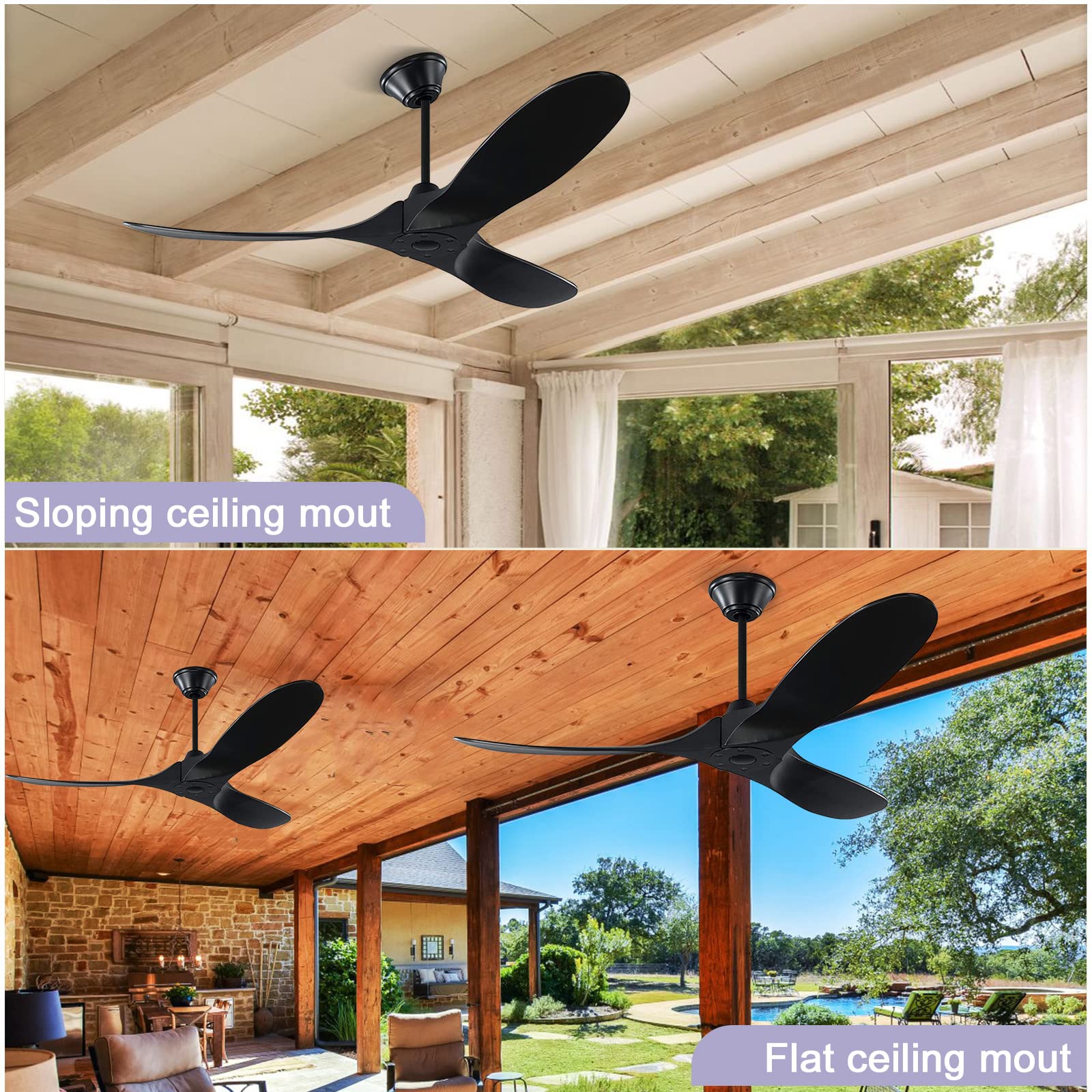 70 Inch Rustic Outdoor Ceiling Fans for Patios Waterproof, Black No Lights Damp Rated 3 Blade Large Airflow Indoor Outdoor Large Ceiling Fan for Exterior House Porch Gazebo