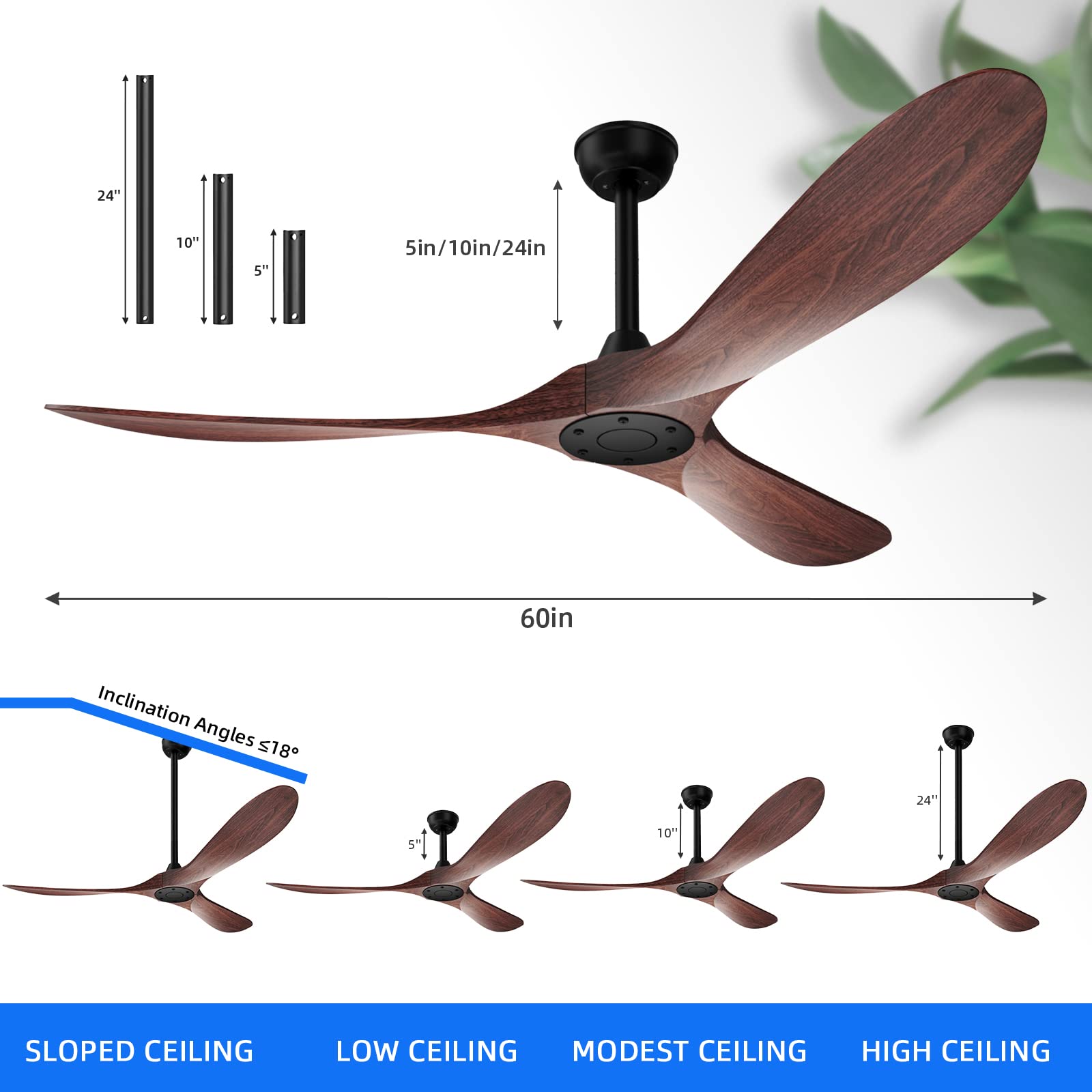 alescu Outdoor Ceiling Fan 60" with Remote Control,Modern Reversible DC Motor for Patio Bedroom Living Room Outdoor Ceiling Fans walnut finish