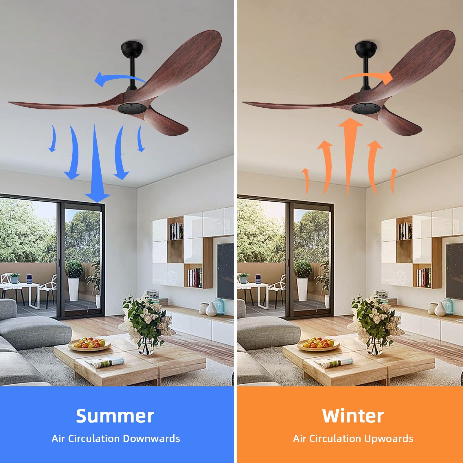 alescu Outdoor Ceiling Fan 60" with Remote Control,Modern Reversible DC Motor for Patio Bedroom Living Room Outdoor Ceiling Fans walnut finish