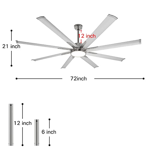 72 Inch Ceiling Fan with LED Lights and Remote Control for Indoor/Covered Outdoor, 172 DC Motor, 8 Aluminum Blades, 5CCT, 6-Speed, Dimmable Modern Ceiling Fans for Living Room - Brushed Nickel