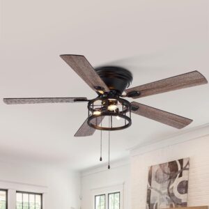 breezary 52 inch flush mount ceiling fan with light pull chain, 5 reversible blades, farmhouse low profile crystal lighting ceiling fan chandelier for bedroom living room